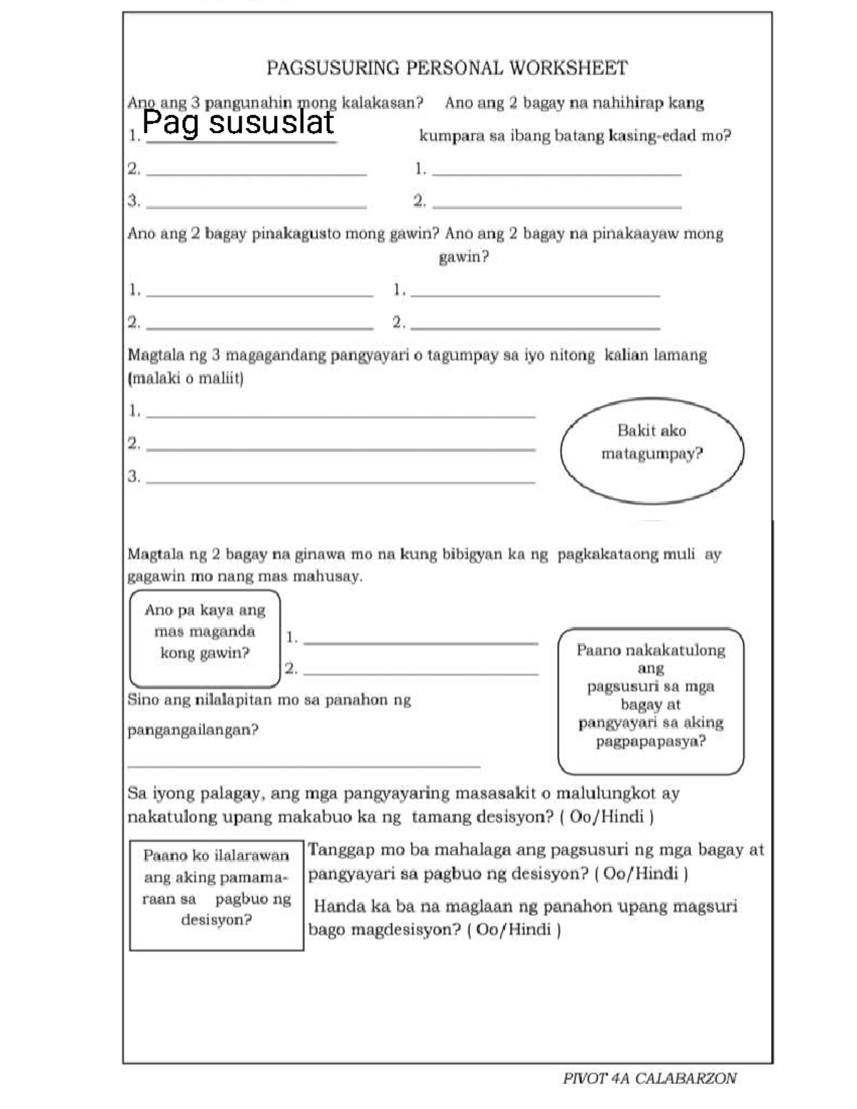 Pagsusuring Personal Worksheet: PIVOT 4A CALABARZON Insights - Studocu