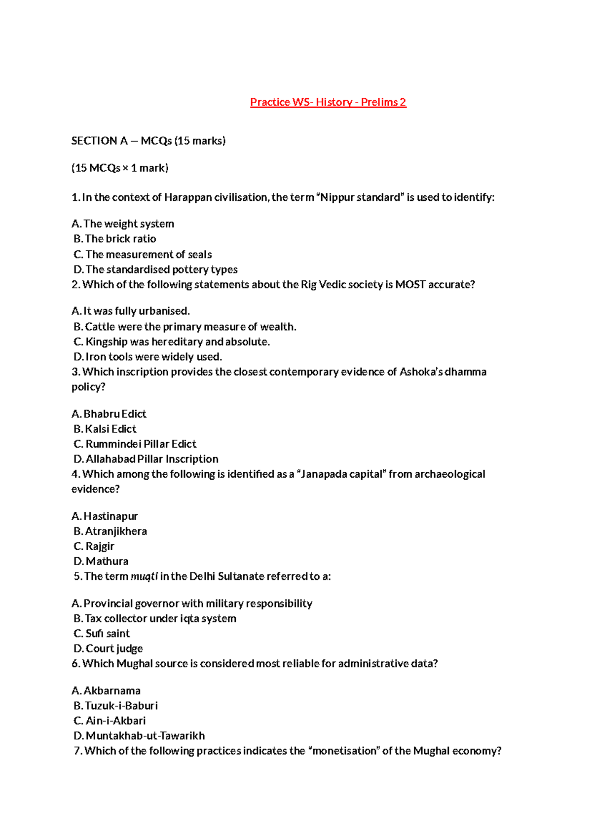 Practice WS - History Prelims 2 MCQs & Discussion (2025-26) - Studocu