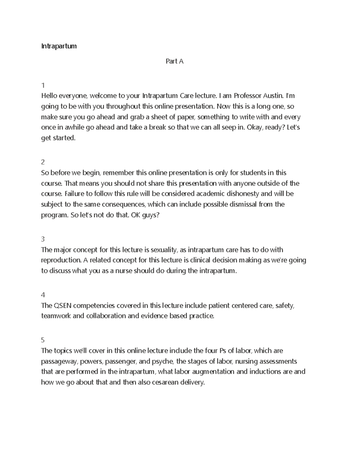 Intrapartum Care Lecture Notes Overview for Nursing Students (NURS 300 ...