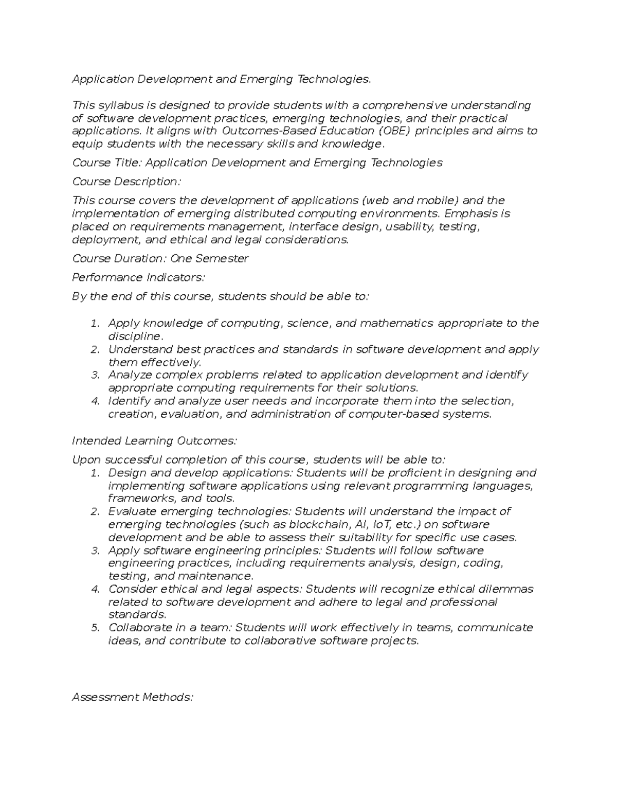 Application Development & Emerging Tech: Course Syllabus Overview - Studocu