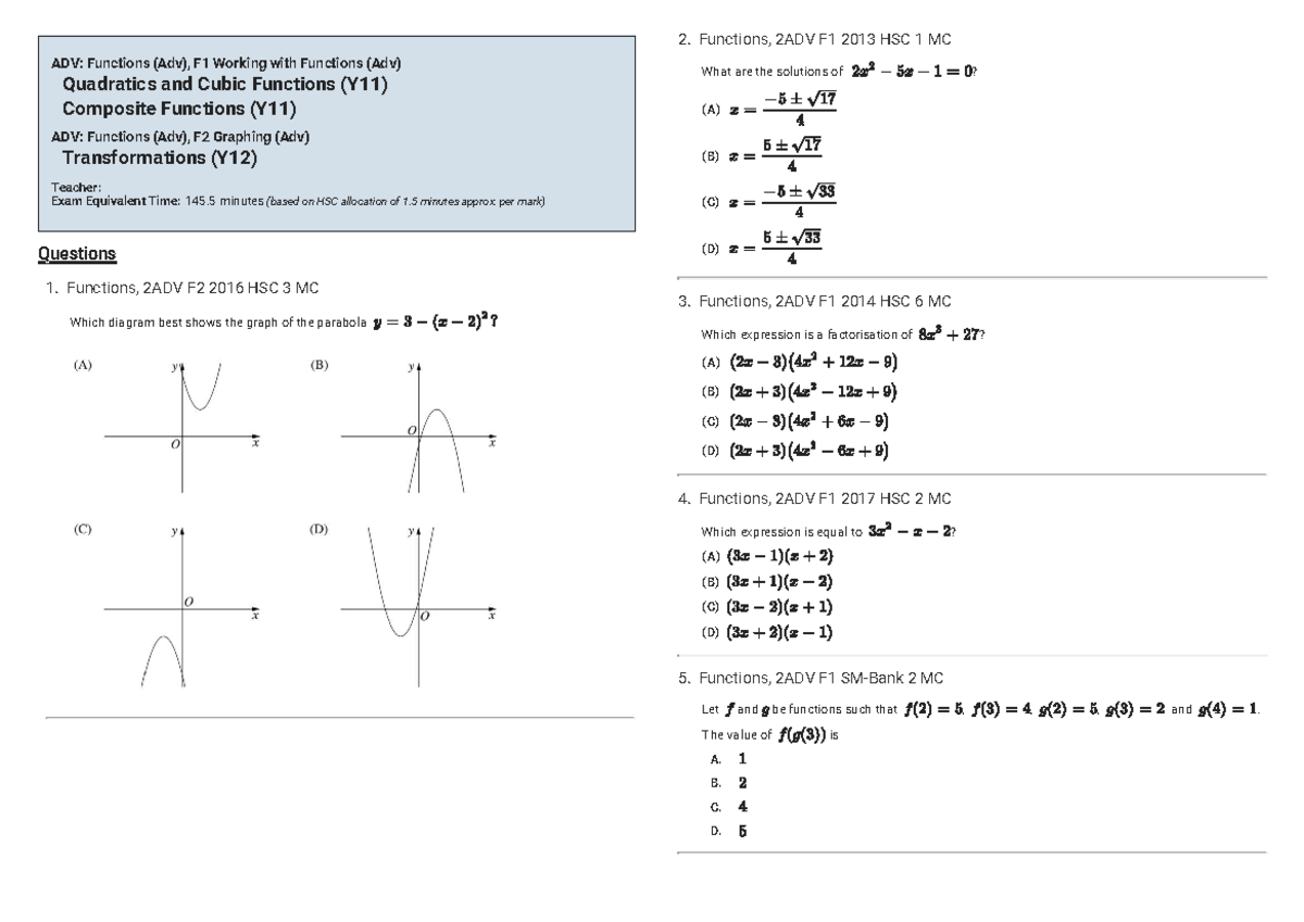 Functions Practice: 2ADV HSC Exam Questions and Solutions - Studocu