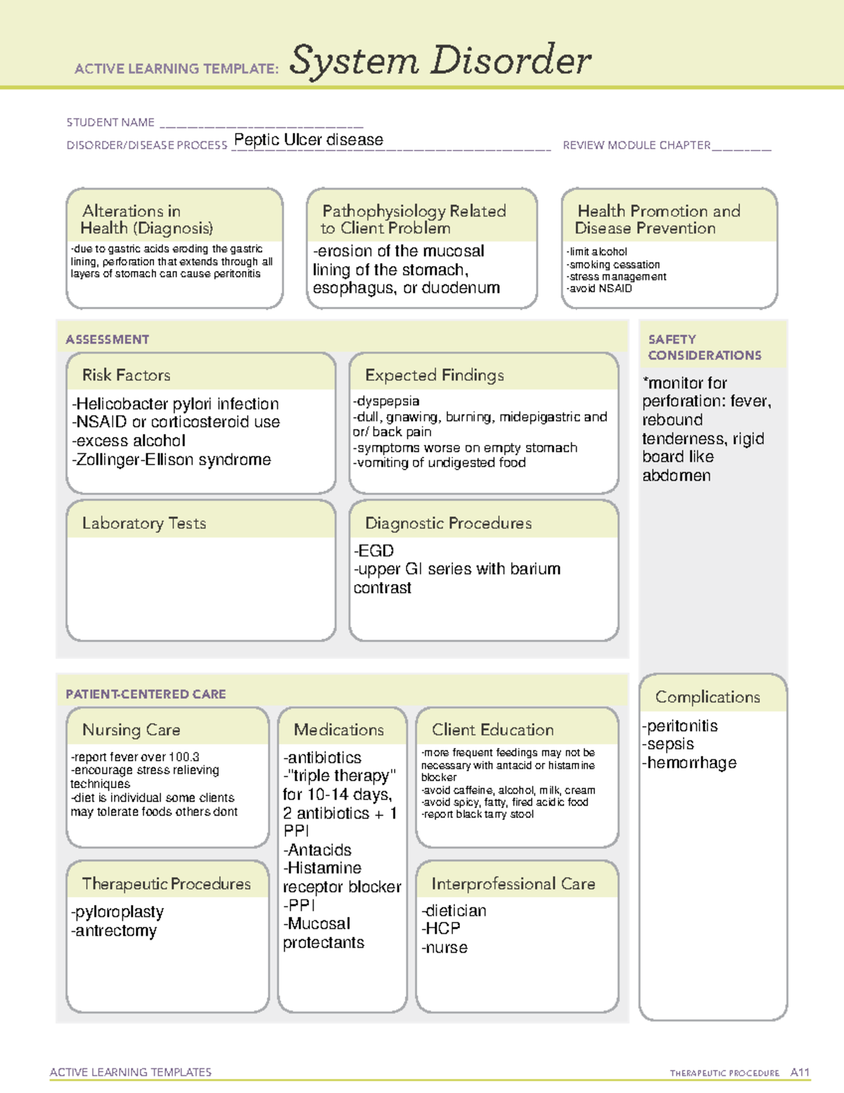 Active Learning Template: System Disorder - Peptic Ulcer Disease - Studocu
