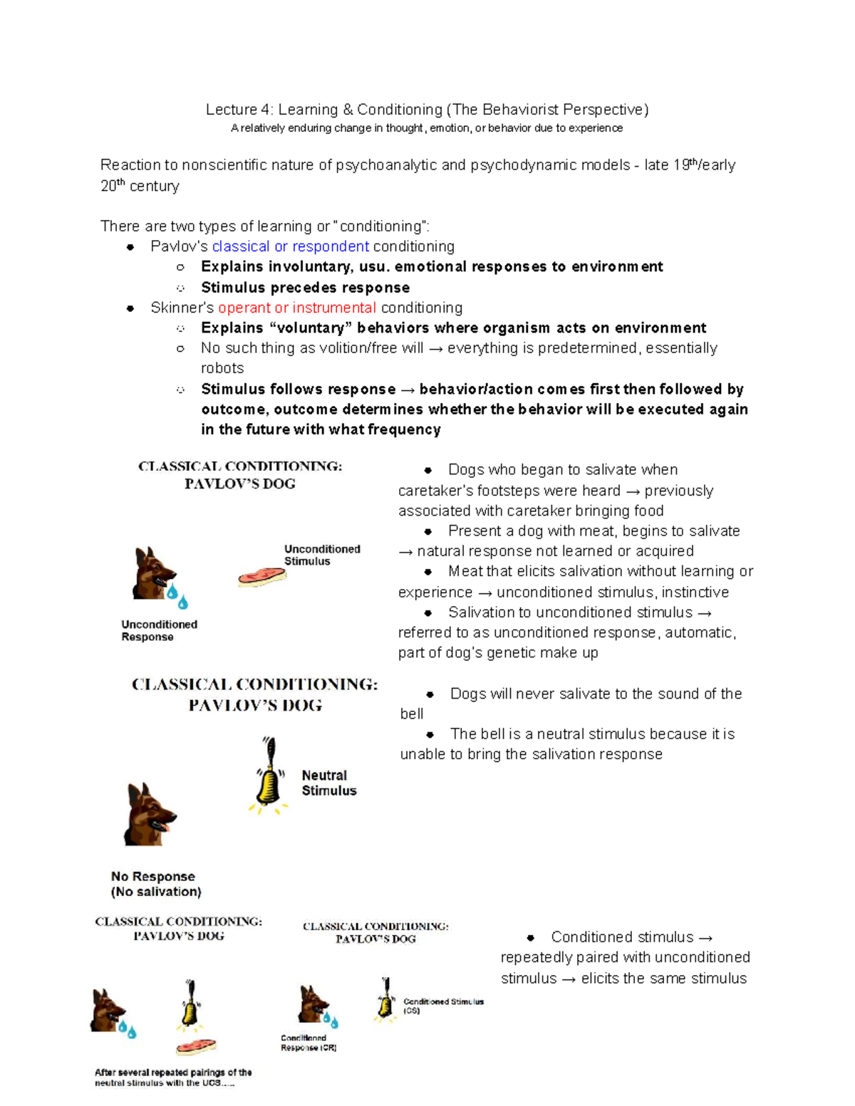Lecture 4: Learning & Conditioning in Behavioral Psychology - Studocu