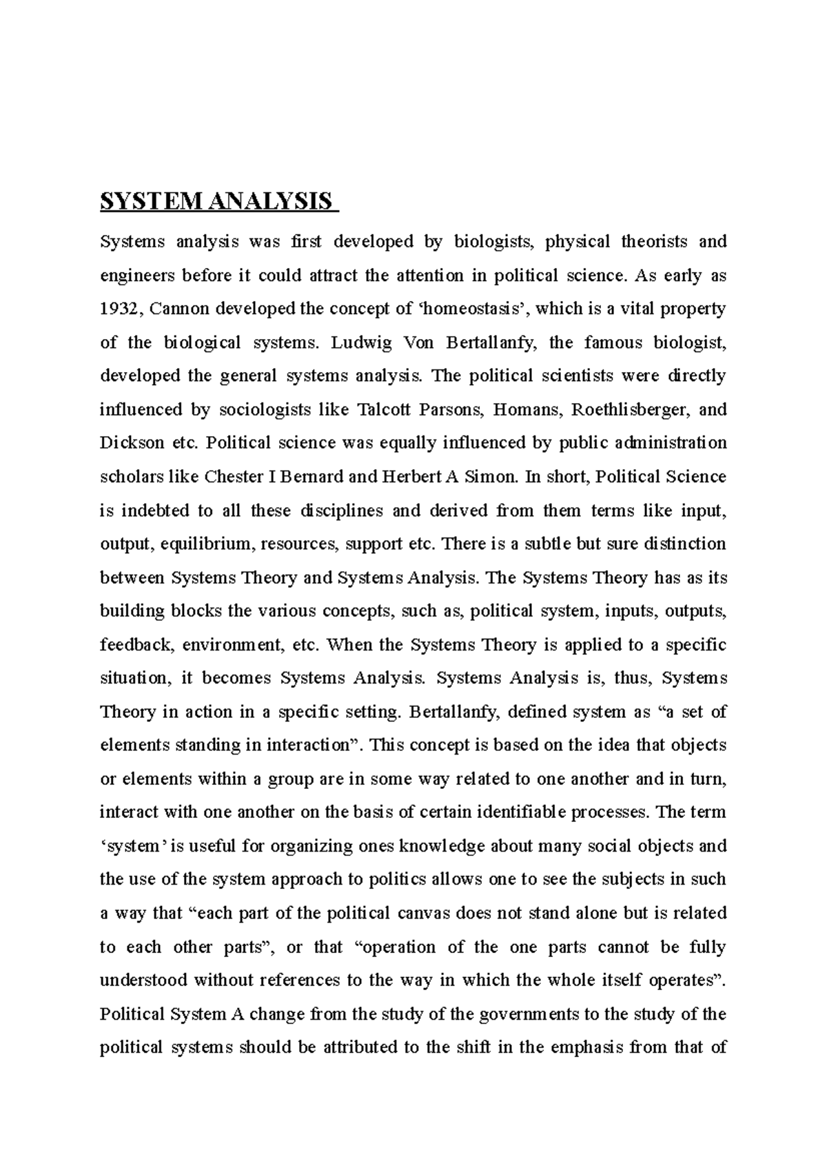 SYSTEM ANALYSIS IN POLITICAL SOCIOLOGY: THEORIES & APPLICATIONS - Studocu