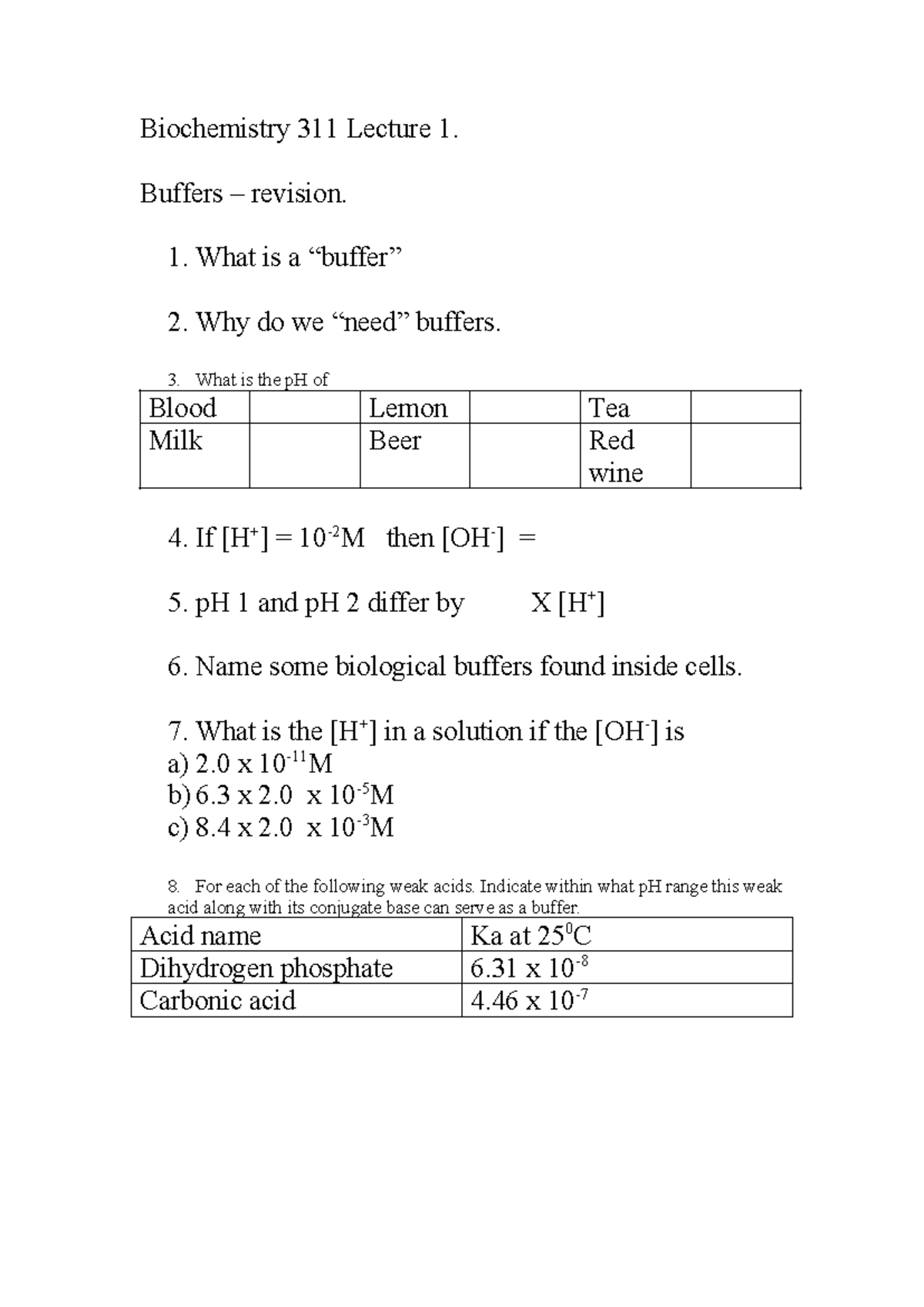 Biochemistry 311 Lecture 1: Buffer Concepts Practice Questions - Studocu