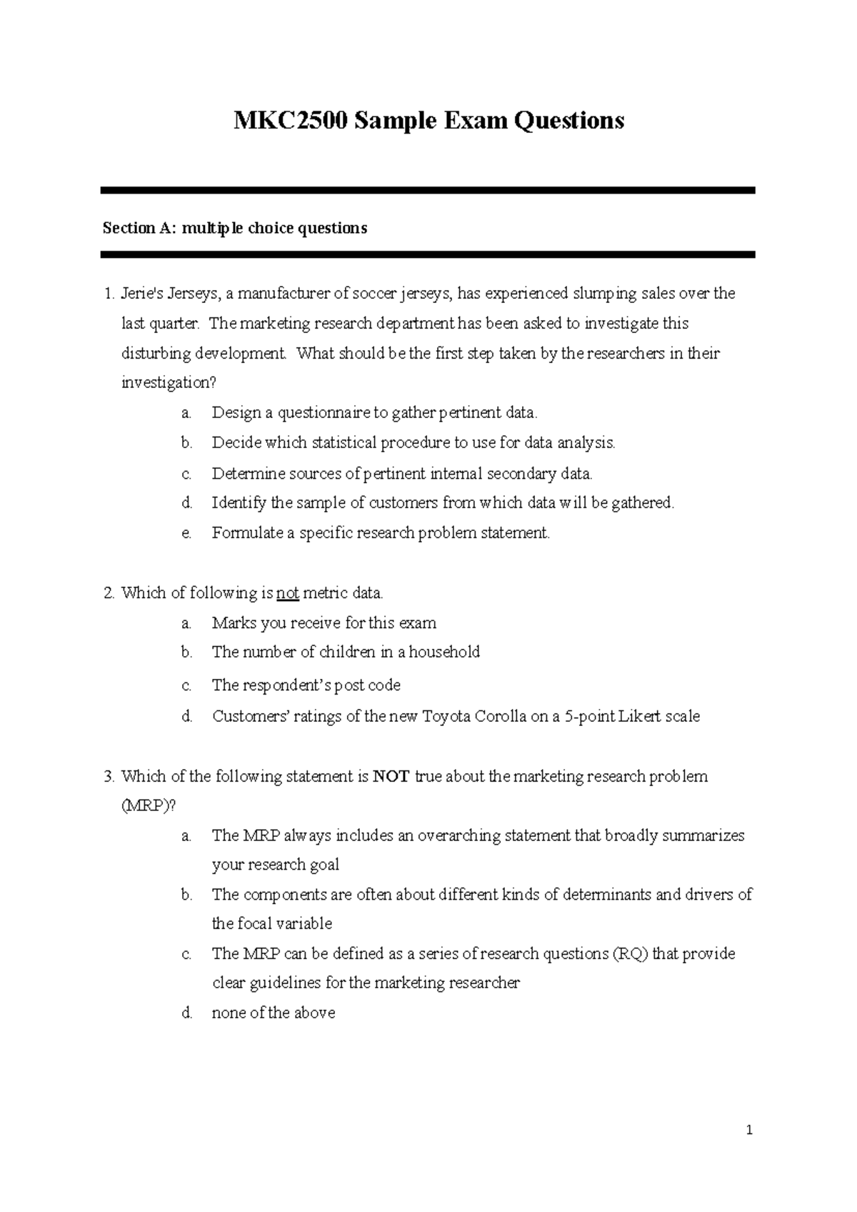 Sample Exam Questions for MKC2500: Marketing Research Techniques - Studocu