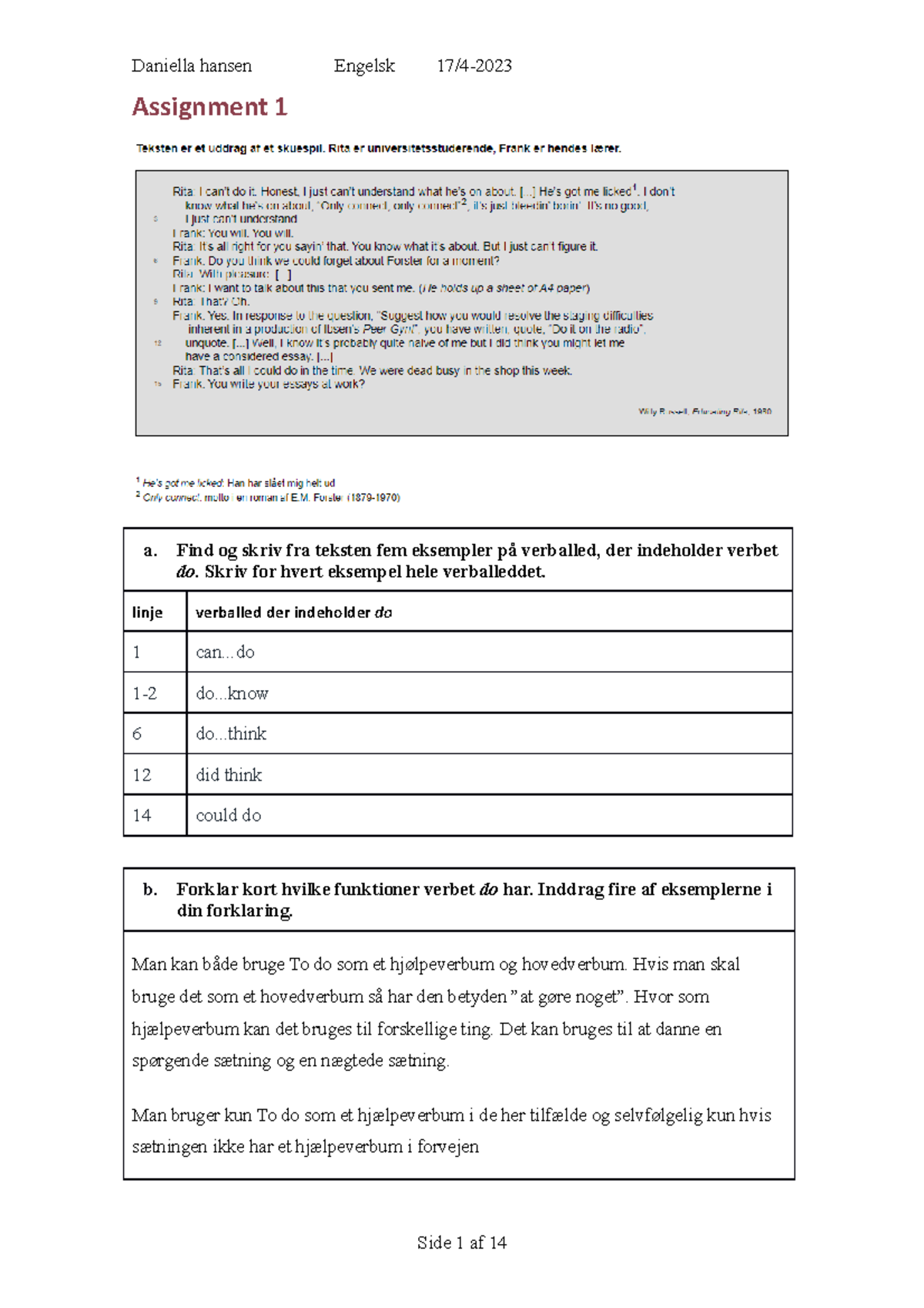 Grammatikaflevering - Assignment 1 a. Find og skriv fra teksten fem eksempler på verballed, der ...