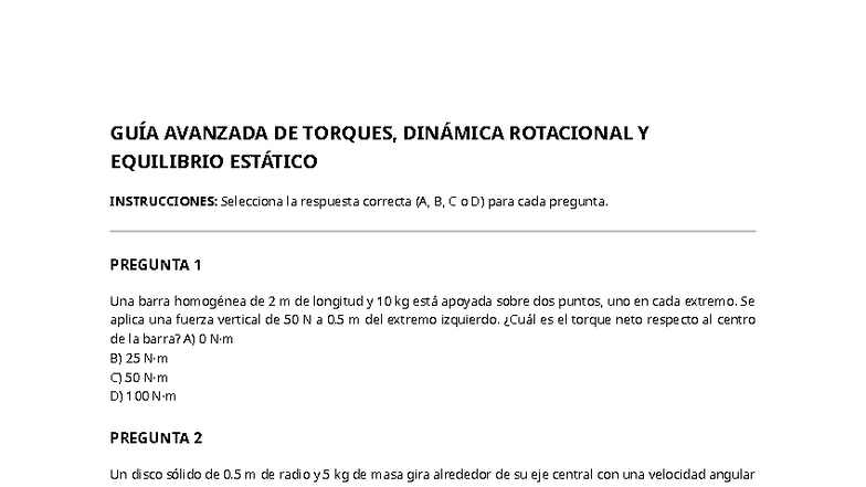 GUÍA DE TORQUES Y DINÁMICA ROTACIONAL - INSTRUCCIONES Y PREGUNTAS - Studocu