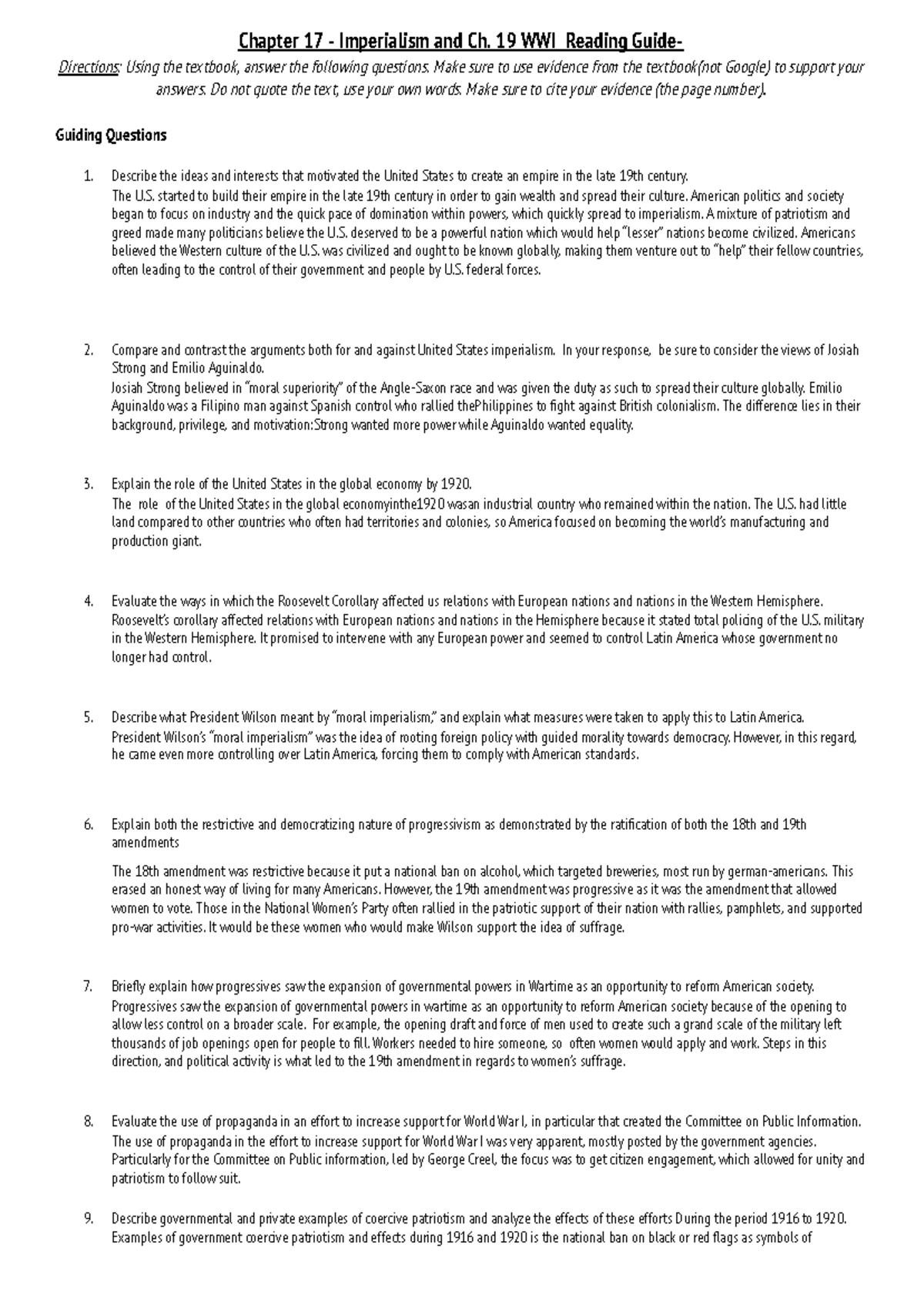 Give Me Liberty Reading Guide: Ch. 17 Imperialism & Ch. 19 WWI - Studocu