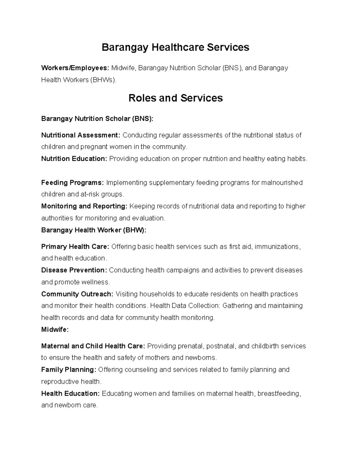 Barangay Healthcare Services: Roles and Processes Overview - Studocu