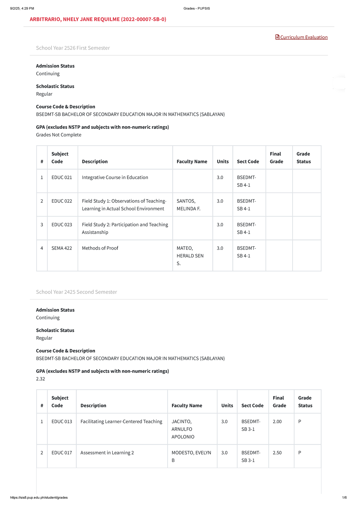 Grades Report for BSED Mathematics (SABLAYAN) - PUPSIS - Studocu