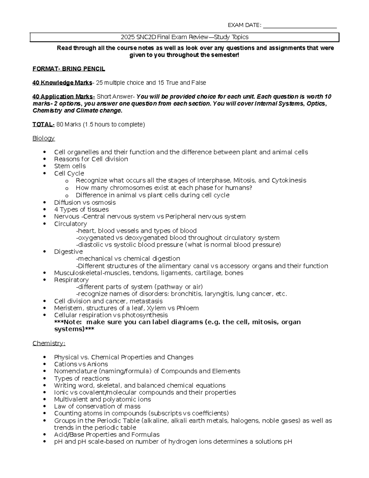2025 SNC2D Final Exam Review - Key Study Topics and Guidelines - Studocu