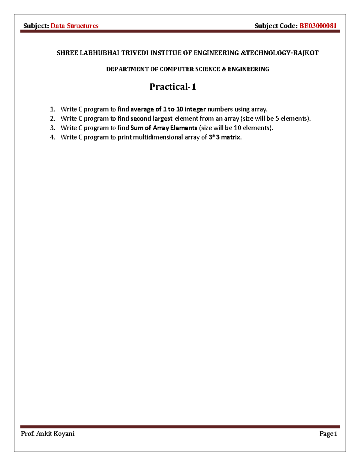 DS Practical 1 - Subject: Data Structures Subject Code: BE Prof. Ankit ...