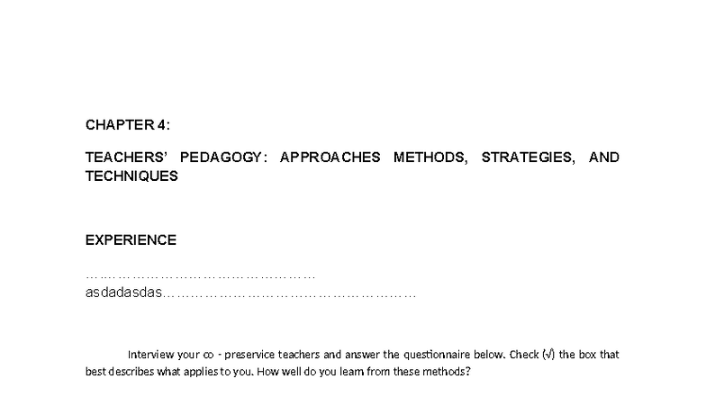FS 1 CHAPTER 4: PEDAGOGY - METHODS, STRATEGIES & TEACHING TECHNIQUES ...
