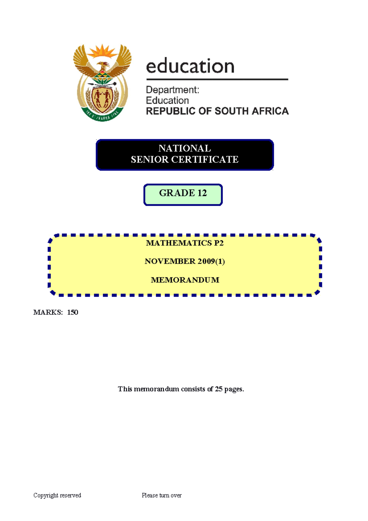Mathematics P2 NSC Memo November 2009 - Detailed Solutions - Studocu