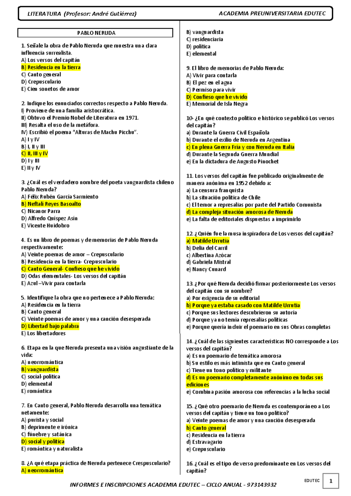 PABLO NERUDA: PRACTICA DE LITERATURA (EDUTEC) - Studocu
