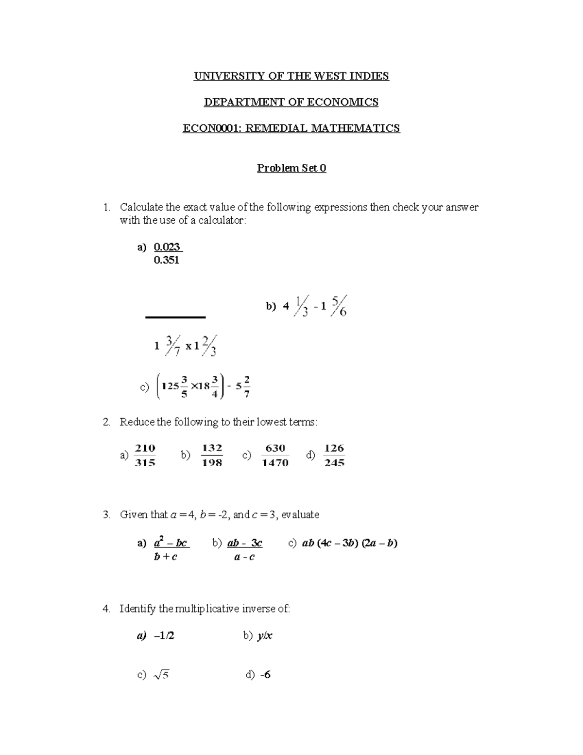 EC08 Remedial Mathematics Problem Set 0 Solutions - Studocu