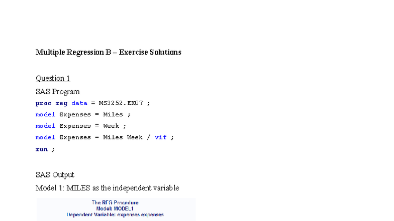 MS3252 Multiple Regression B Exercise Solutions - SAS Program - Studocu