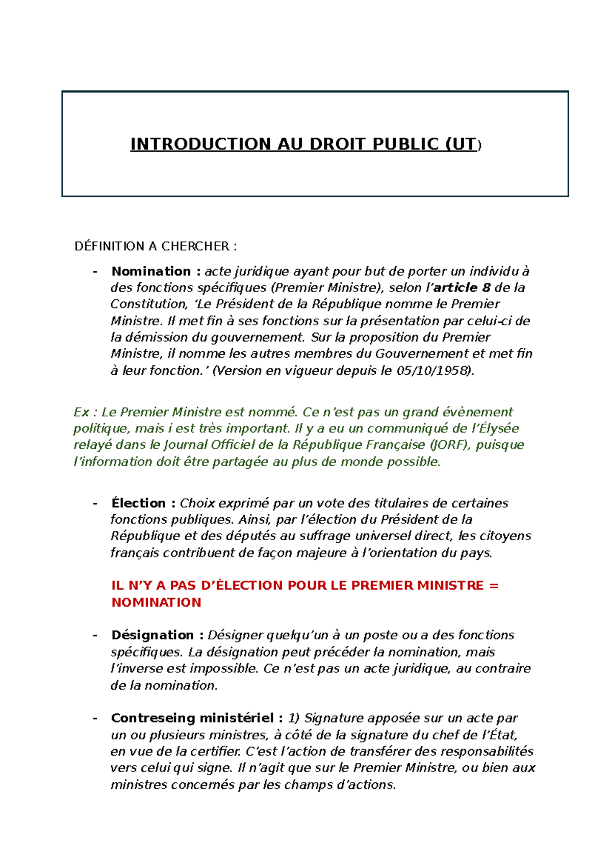 INTRODUCTION AU DROIT PUBLIC (UT) : Mécanismes de Nomination et Élections - Studocu