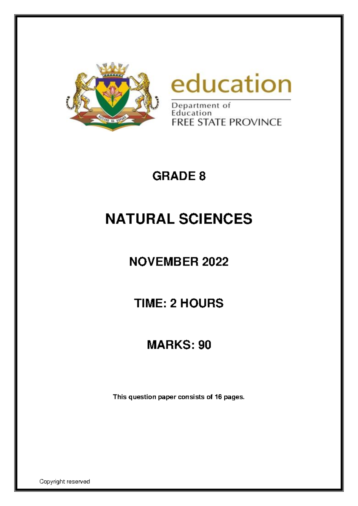 Nat Sci Grade 8 Nov 2022 Exam Paper - 90 Marks - Studocu