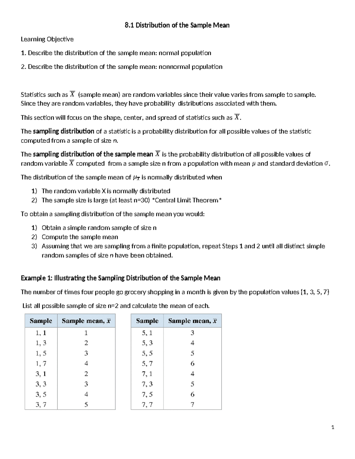 8.1 Sampling Distribution of the Sample Mean: Key Concepts and Examples - Studocu