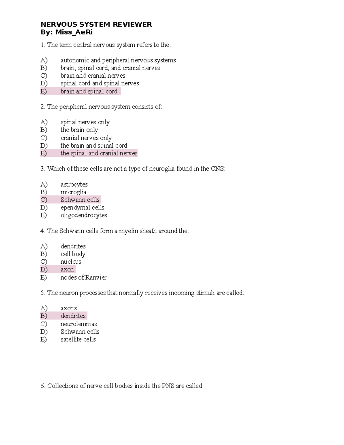 Nervous System Review Study Notes for Anatomy 101 - Studocu