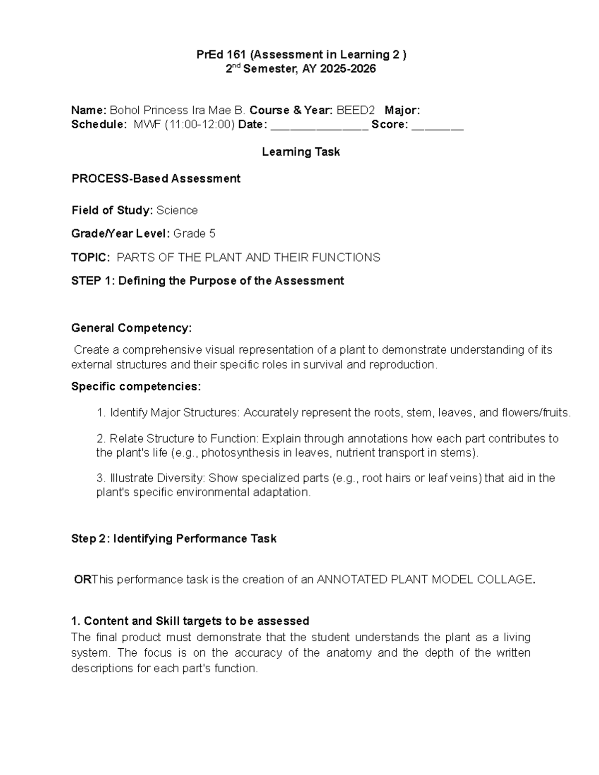 PrEd 161: Holistic Rubric for Plant Model Assessment Task - Studocu