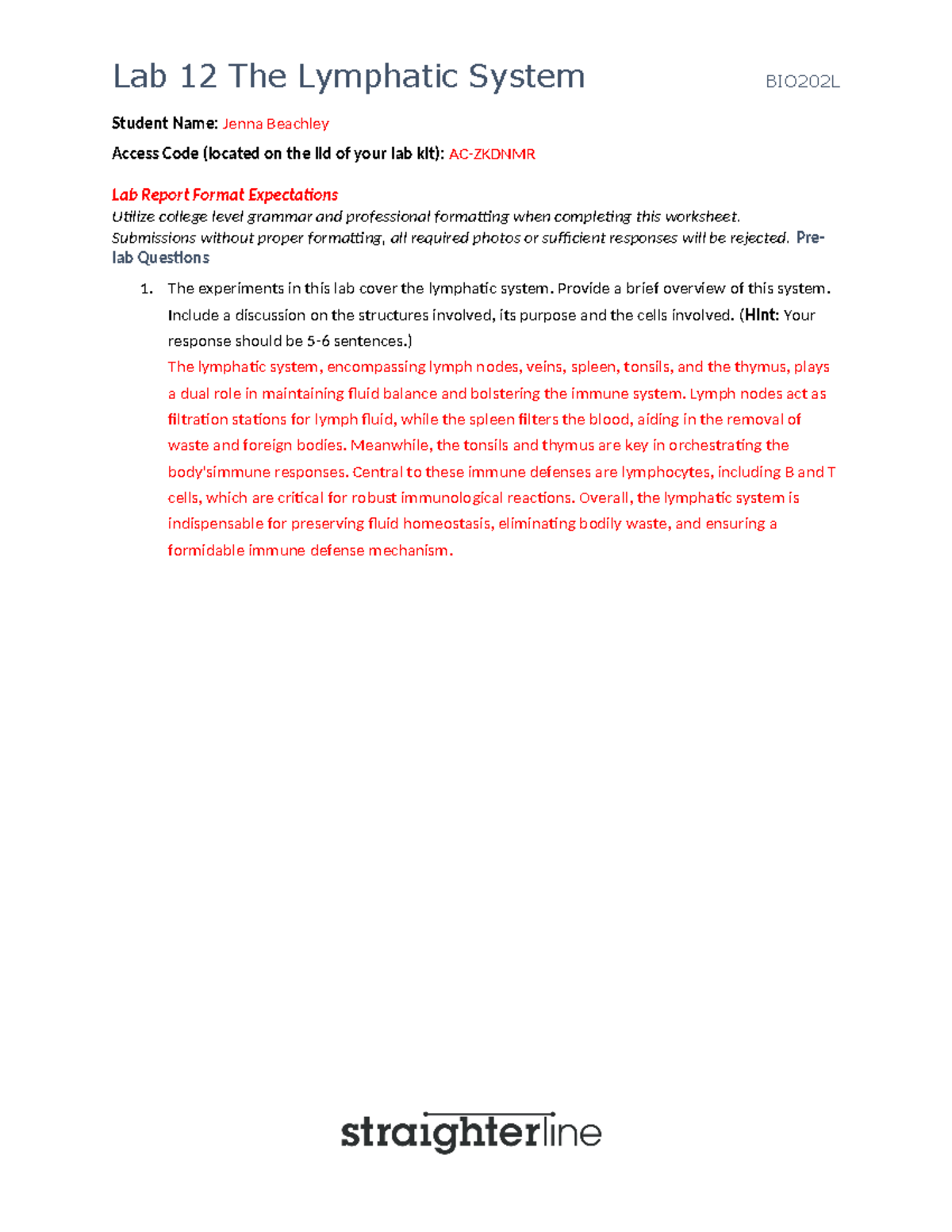 BIO202 Lab 12 - Exploring the Lymphatic System and Its Functions - Studocu