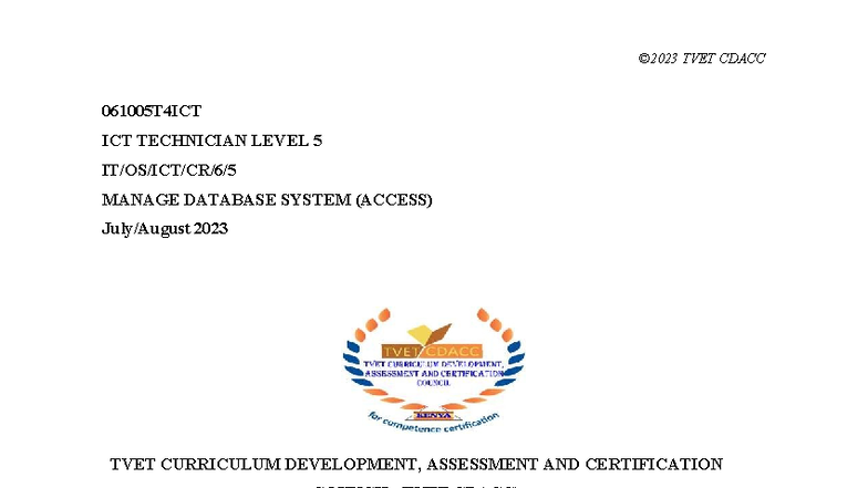 TVET CDACC 061005T4ICT ICT Technician Level 5 Database Management ...