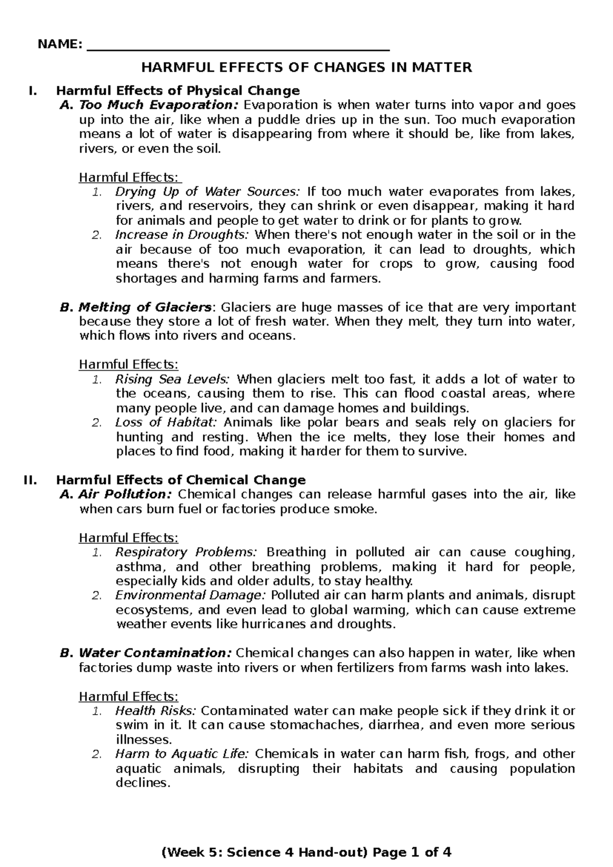 Week 5 Handout: Harmful Effects of Changes in Matter and Environment ...