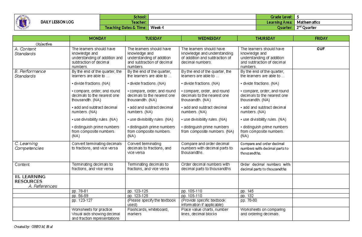Mathematics 5 Q2 Week 4 - Daily Lesson Log on Decimals - Studocu