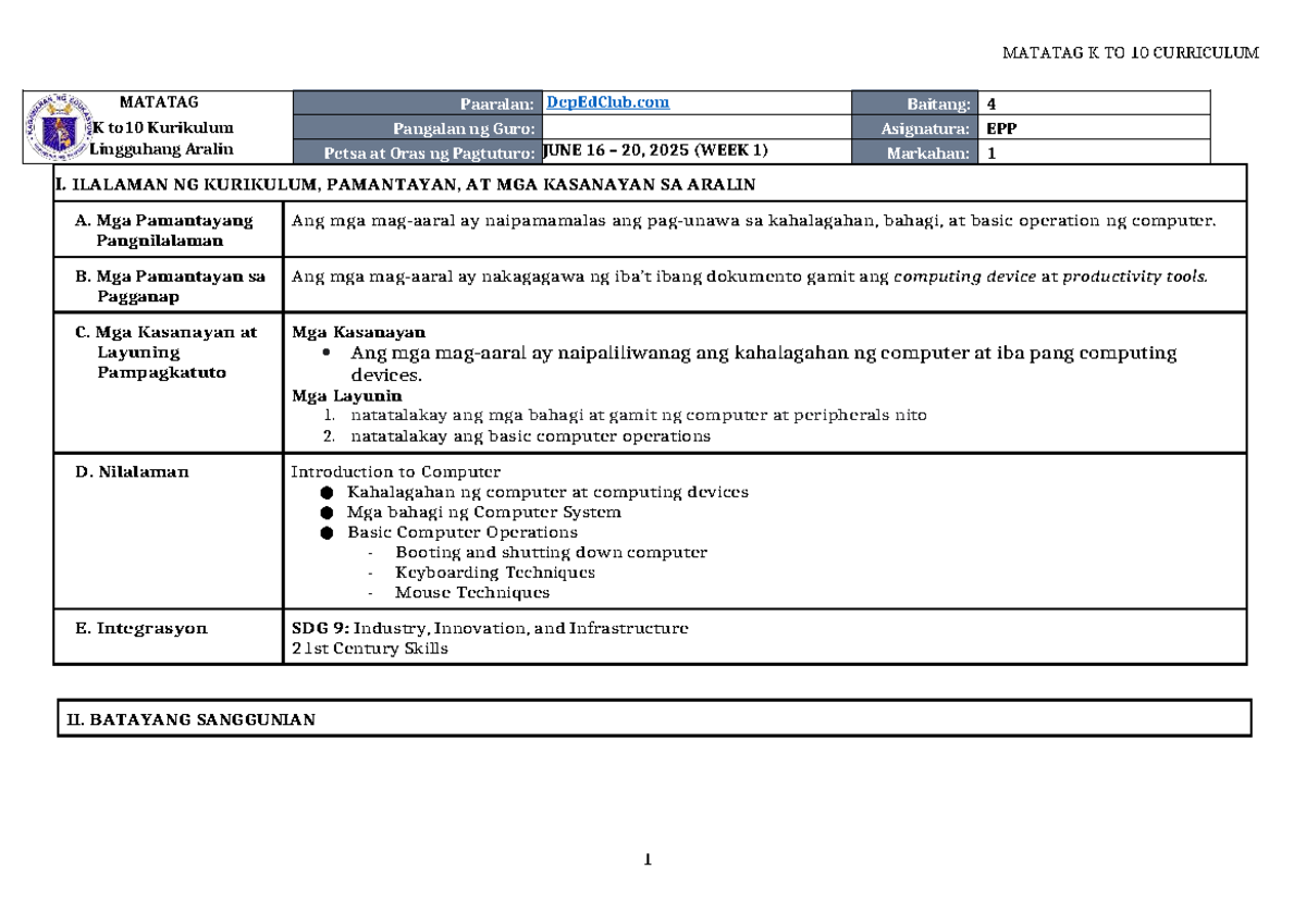 DLL Matatag EPP 4: Kahalagahan ng Computer at Basic Operations - Studocu
