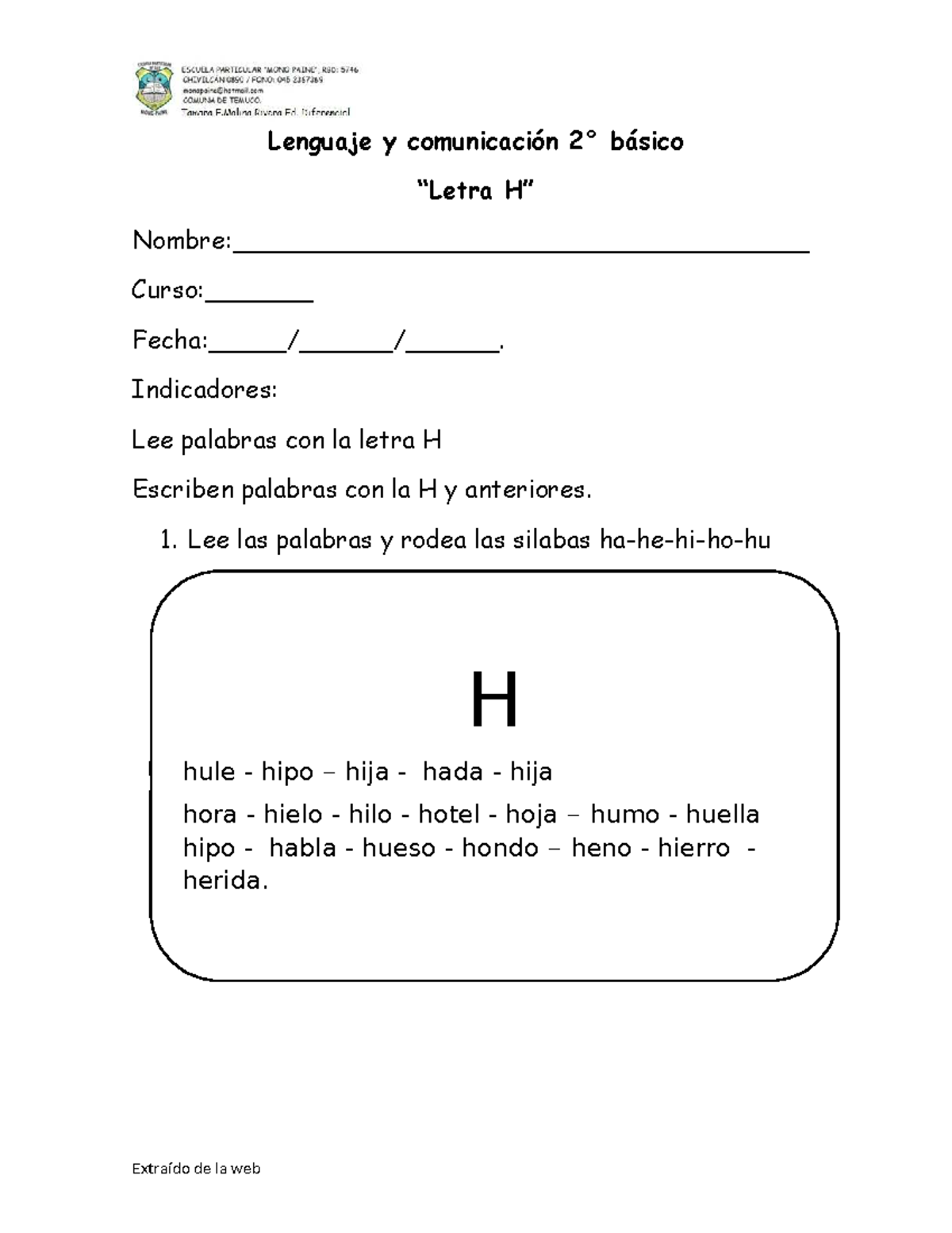 Lenguaje y Comunicación Básico: Actividades con la Letra H - Studocu