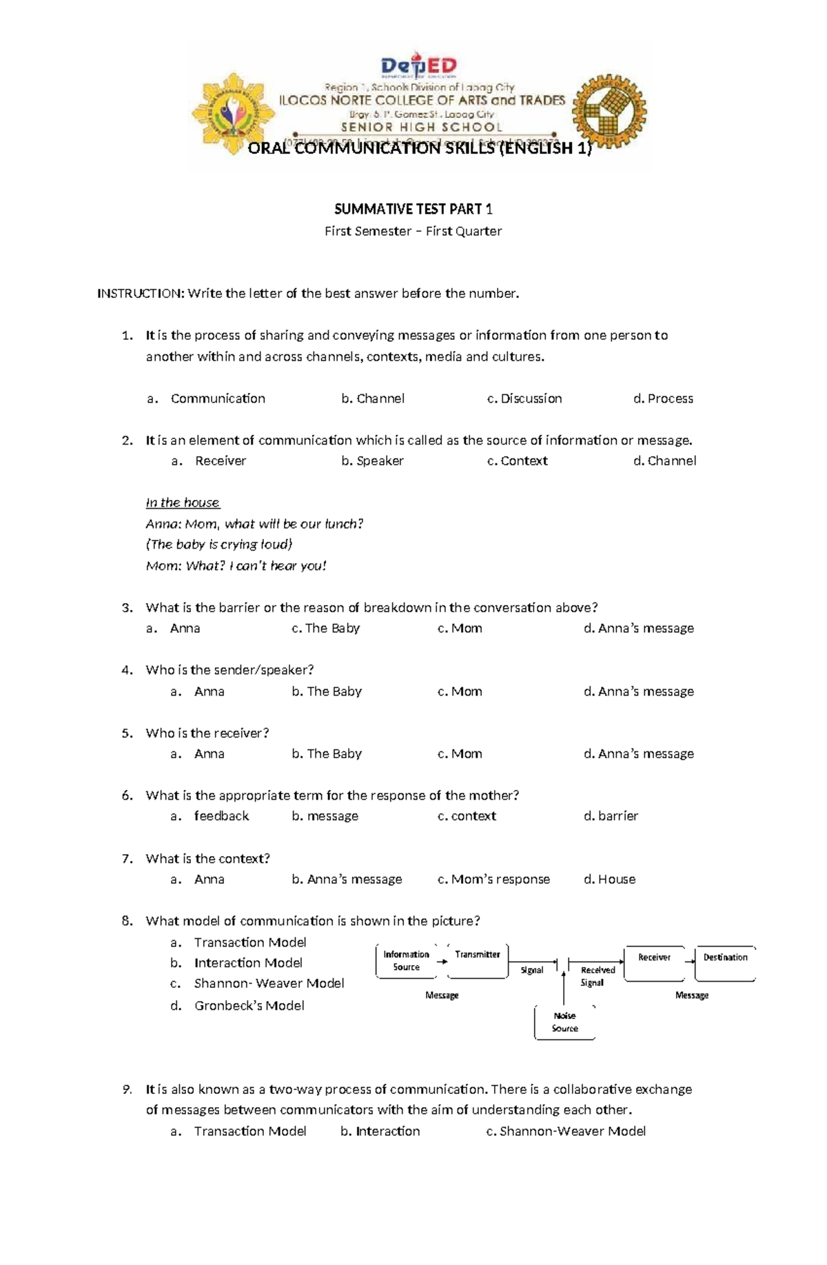 Oral Communication Skills (ENG 1) Summative Test Part 1 - Studocu