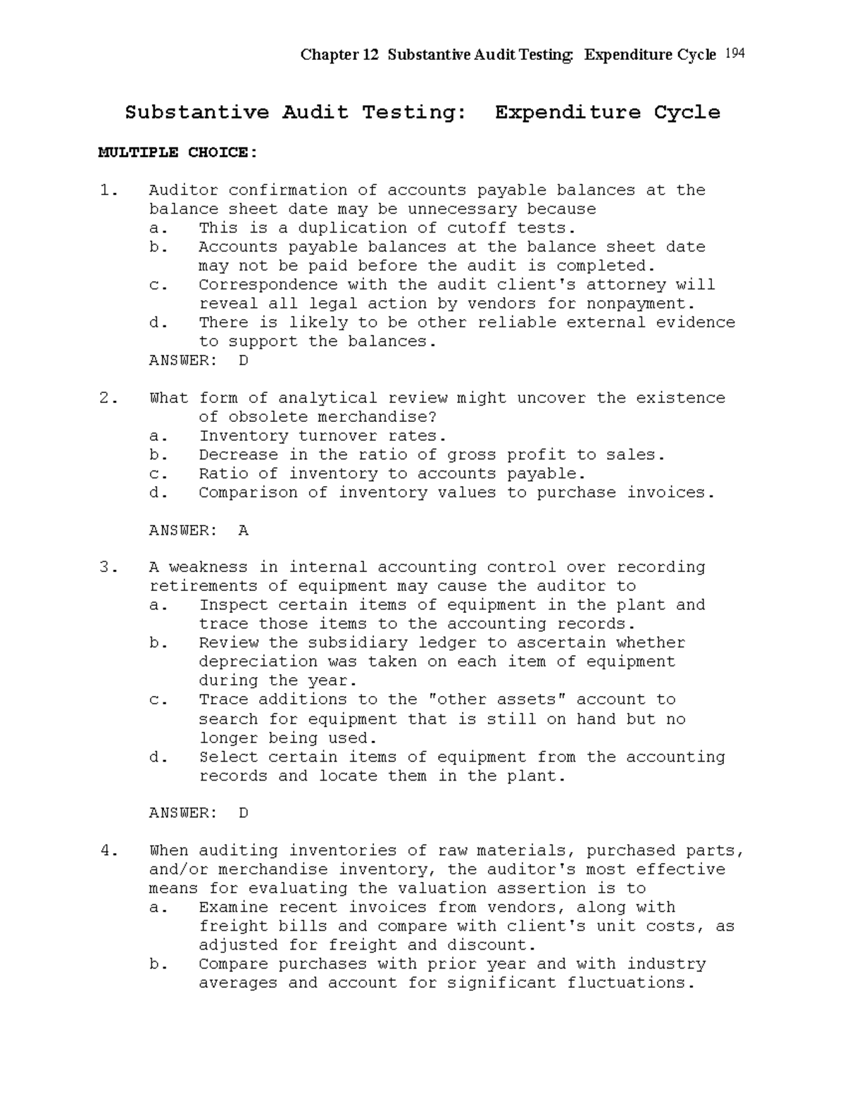 Ch12 - Substantive Audit Testing for the Expenditure Cycle Exam Prep ...