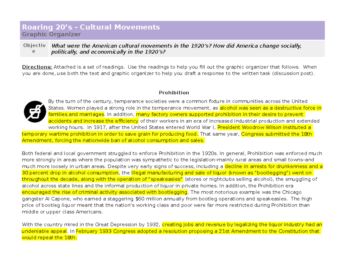 Graphic Organizer Roaring 20 s Cultural Movements - Roaring 20’s ...