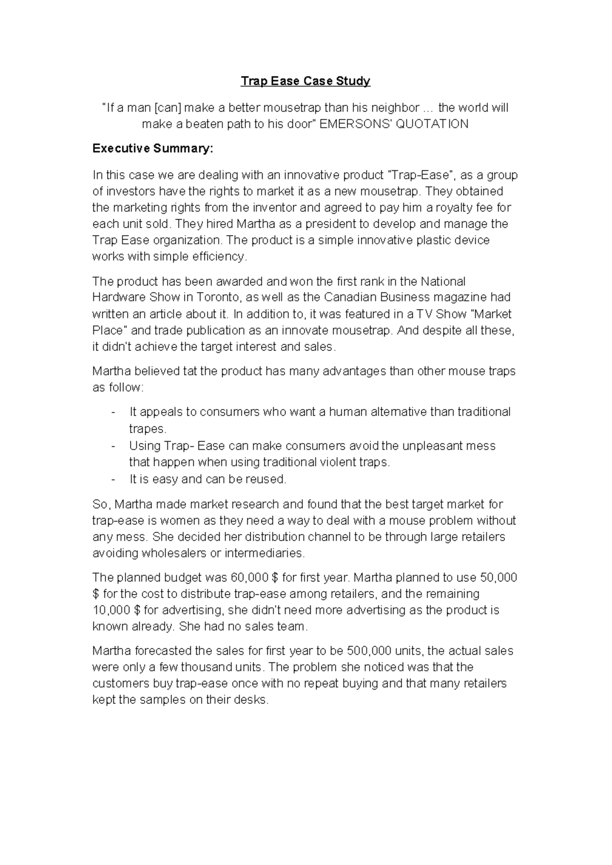 Trap-Ease Case Study Analysis for MKT 101: Marketing Strategies - Studocu
