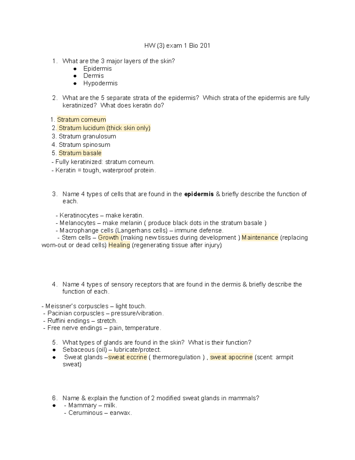 HW (3) Exam 1: Integumentary System Overview - Bio 201 - Studocu