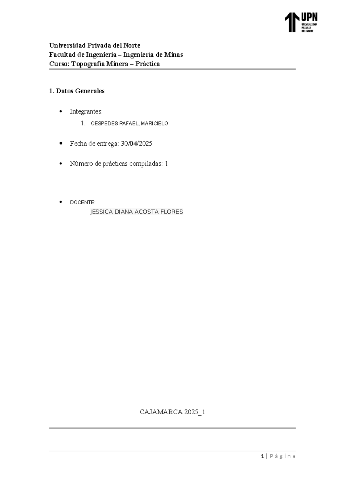 Informe Práctica 1: Cálculo de Azimut y Dip - Topografía Minera 2025_1 ...