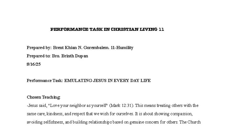 Performance Task in CL11: Emulating Jesus in Daily Life - Studocu