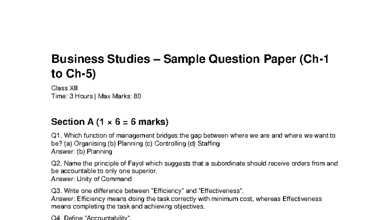 Business Studies Class XII Sample Question Paper - Studocu