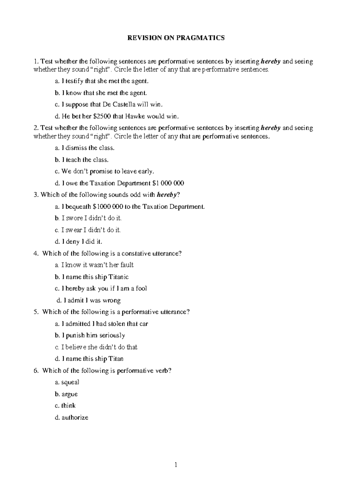 Pragmatics Revision 2017: Performative Sentences & Illocutionary Acts ...