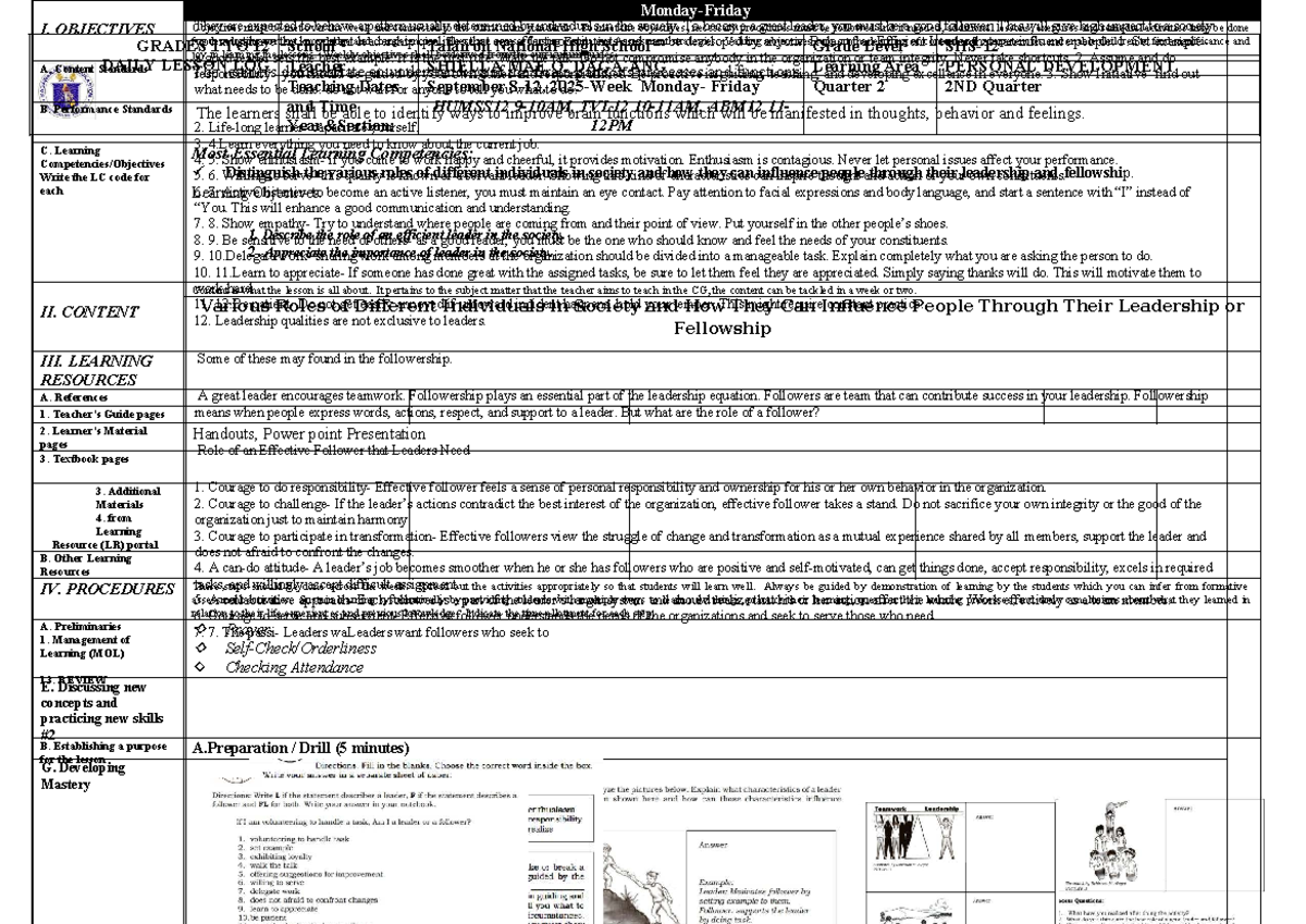 DLL-Q2-Perdev-WEEK 2: Leadership Roles and Effective Followership - Studocu