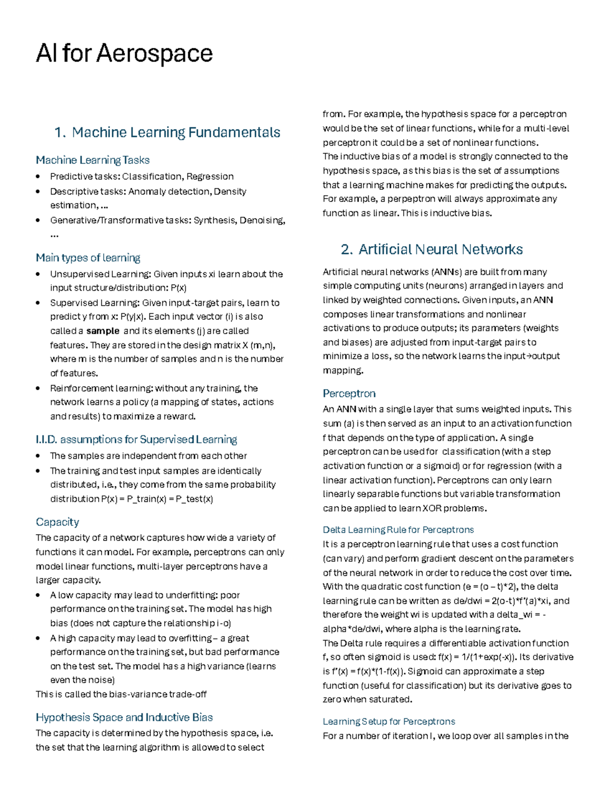 AI for Aerospace: Summary of ANN & DNN Concepts - Studeersnel