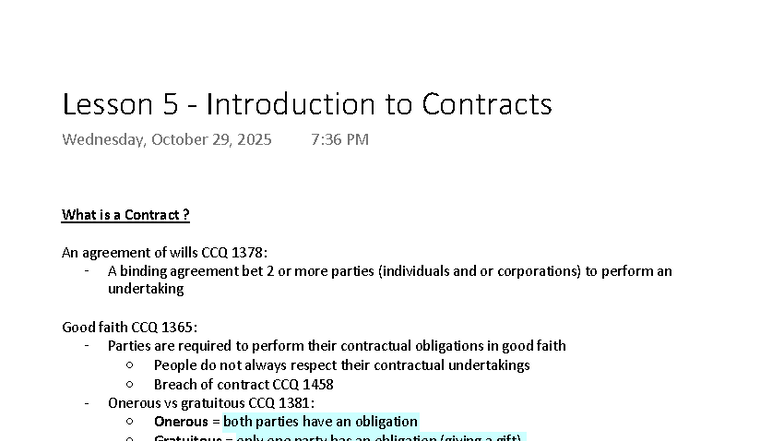 Lesson 5: Intro to Contracts - Key Concepts & CCQ Provisions - Studocu