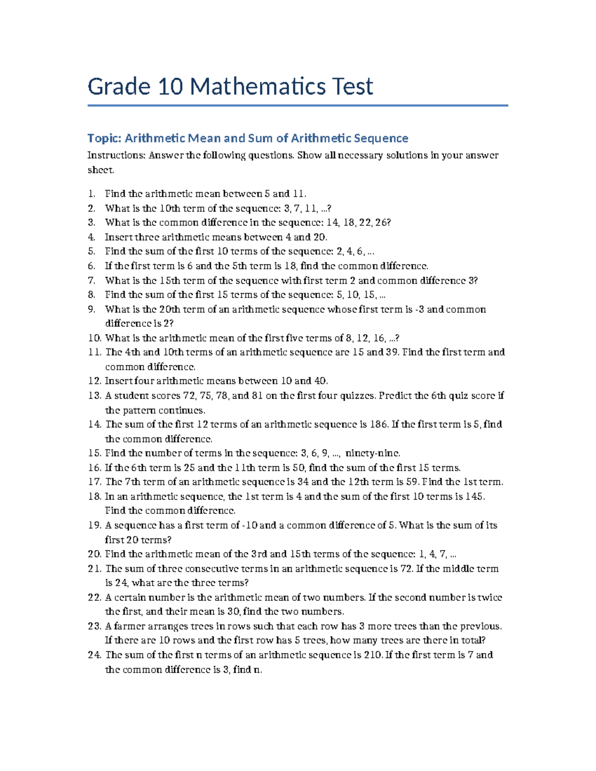 Grade 10 Math Test: Arithmetic Mean & Sequence Problems - Studocu