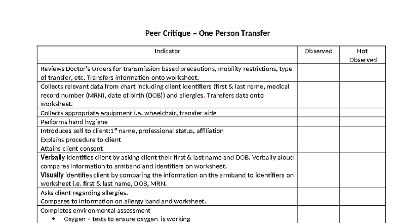 Peer Critique - One Person Transfer Techniques and Procedures - Studocu