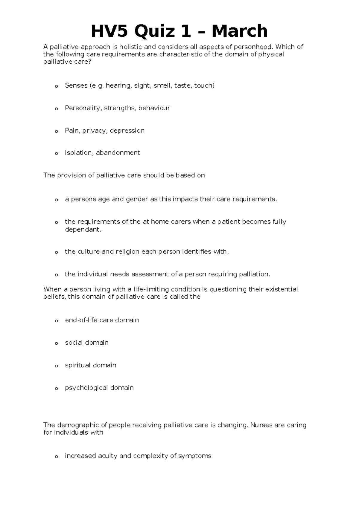 HV5 Quiz 1 - Palliative Care Concepts and Practices - Studocu