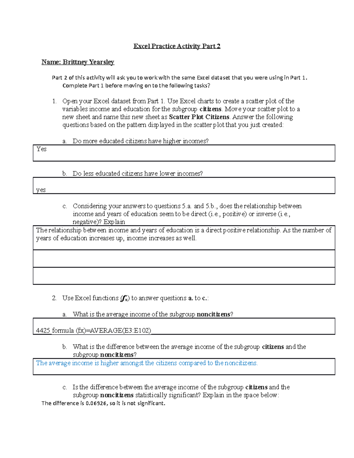 Excel Practice Activity Part 2: Scatter Plot & Income Analysis - Studocu