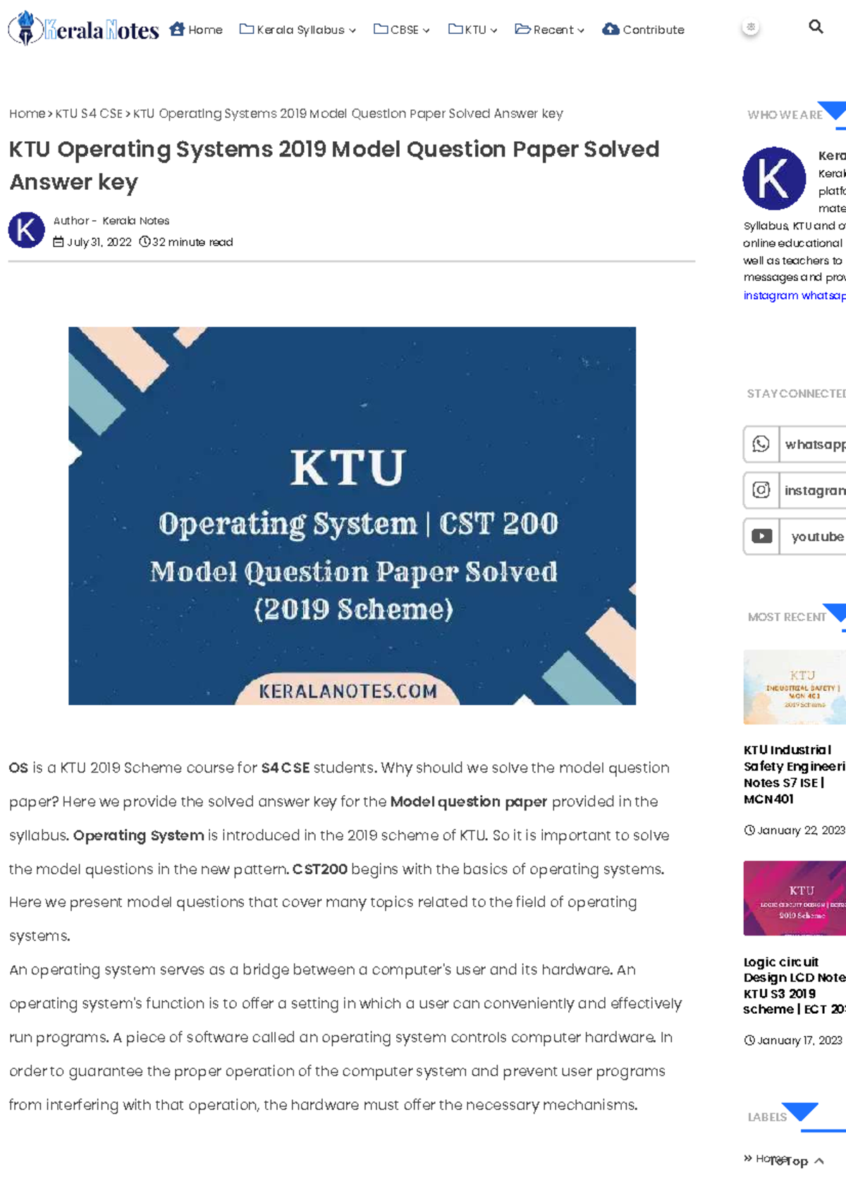 KTU S4 CSE Operating Systems 2019 Model Question Paper with Solutions - Studocu
